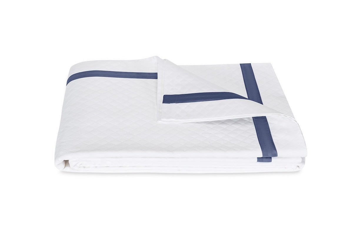 Lowell Steel Blue Matelassé Matouk Coverlets | White Diamond Petra with ...